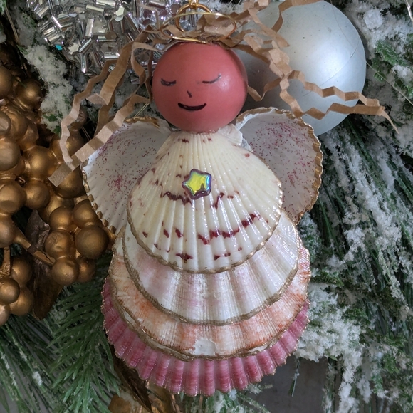 Hand Crafted | Holiday | Angel Shell Ornament Handcrafted Edged In Gold ...